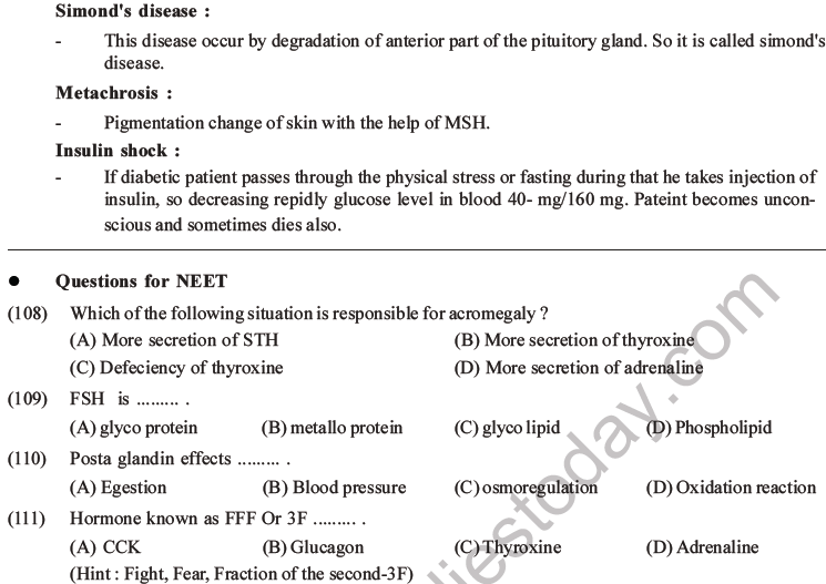 NEET Biology Chemical Coordination and Control MCQs Set B with Answers